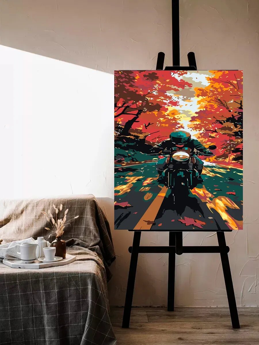 Картина по номерам Мотоцикл Лес Осень Дорога