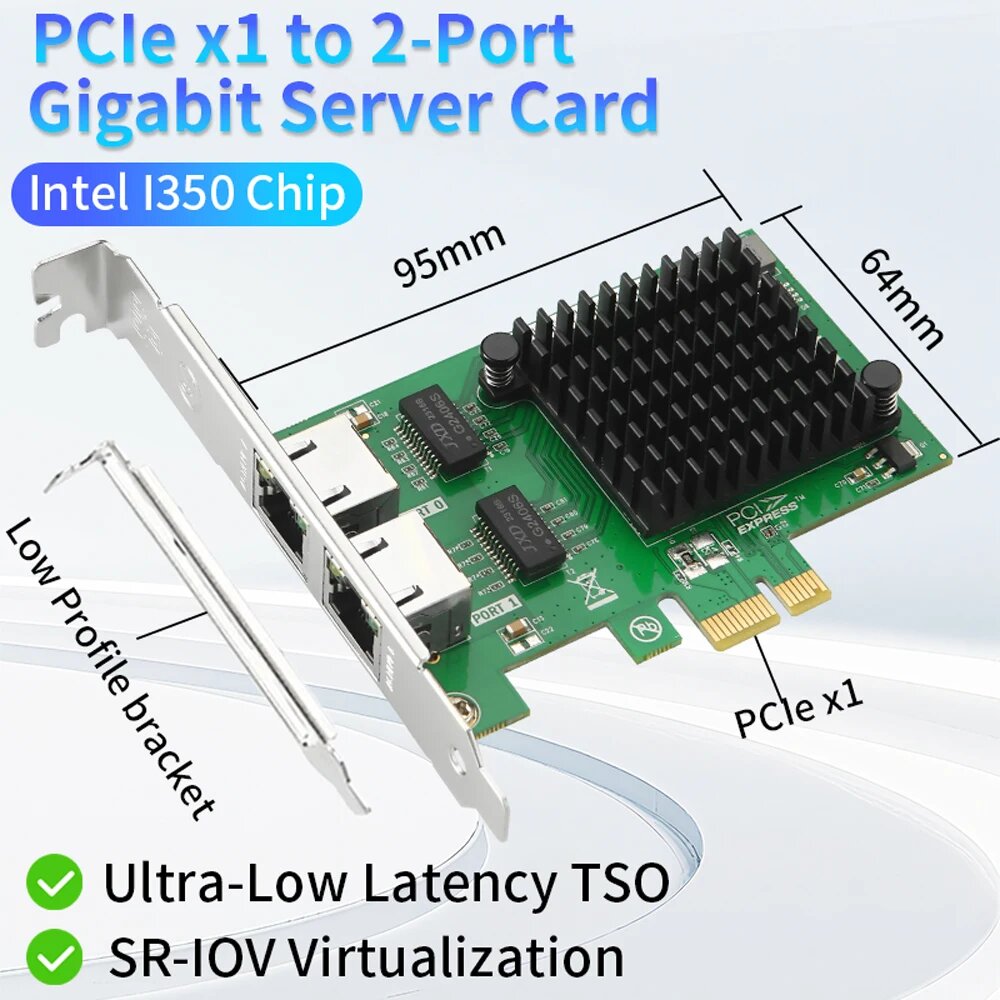 Чип Intel I350-T2, 2 порта, сетевая карта PCIe x1 Gigabit Ethernet, двойной сервер RJ45, внутренняя сетевая карта 10/100/1000 Мбит/с для настольных ПК