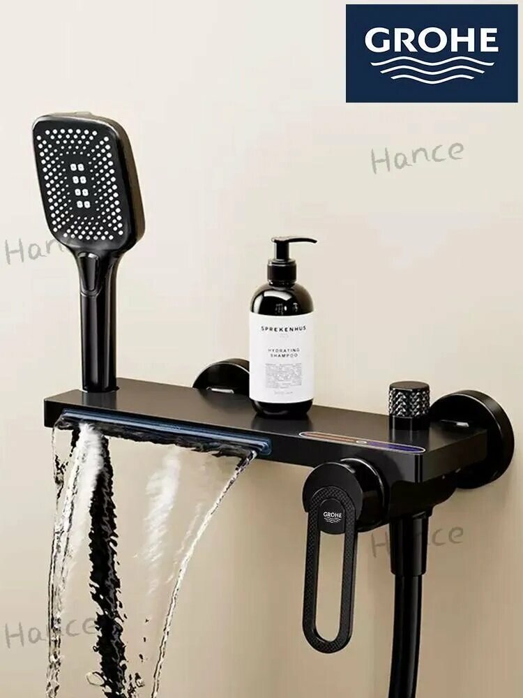 GROHE Настенный смеситель для ванны, водопадный выпуск, черная ванна, наполненная водой, латунный смеситель для ванной комнатыKHH