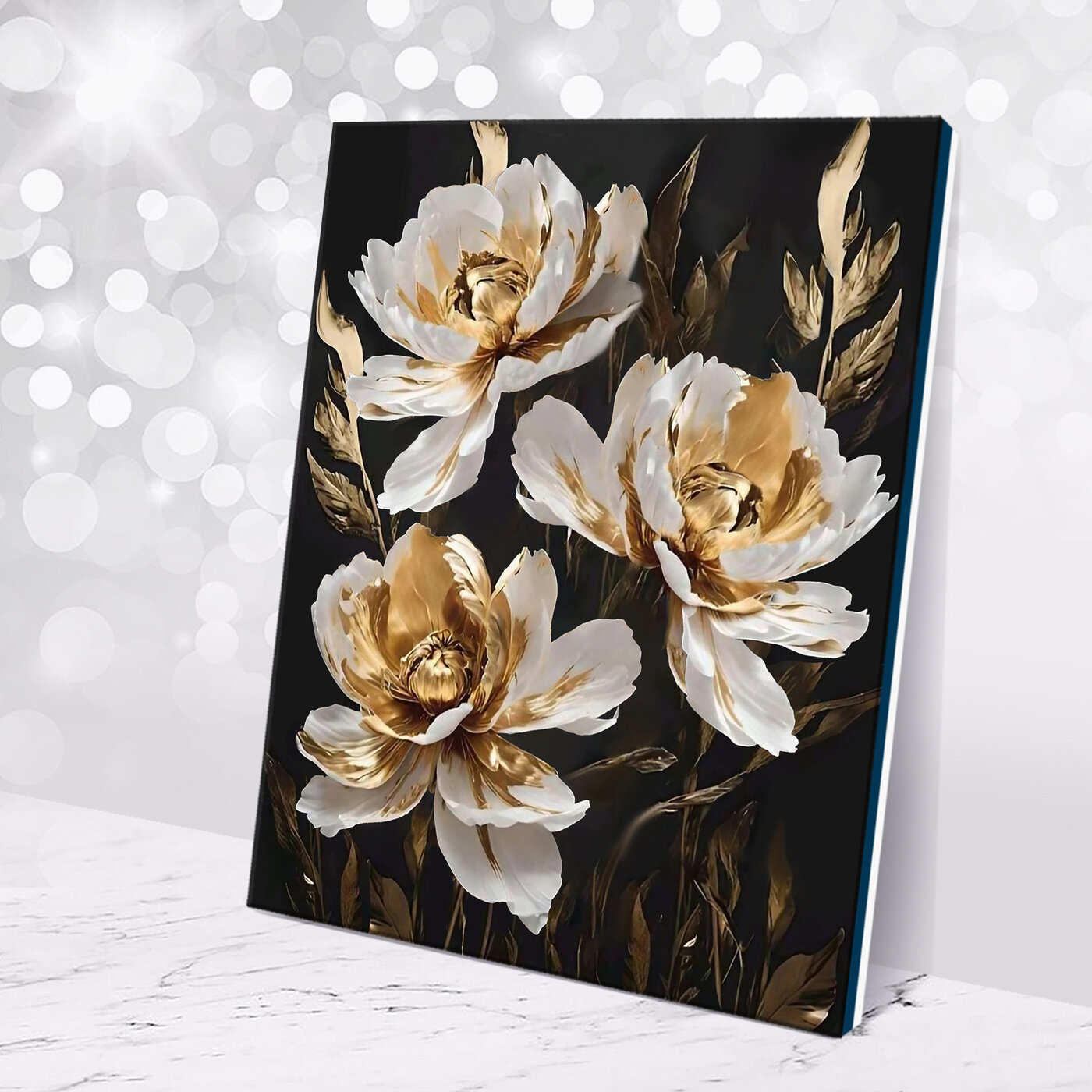 Картина по номерам 40х50см с поталью черный холст Белые пионы на черном фоне картина И точка MB0011
