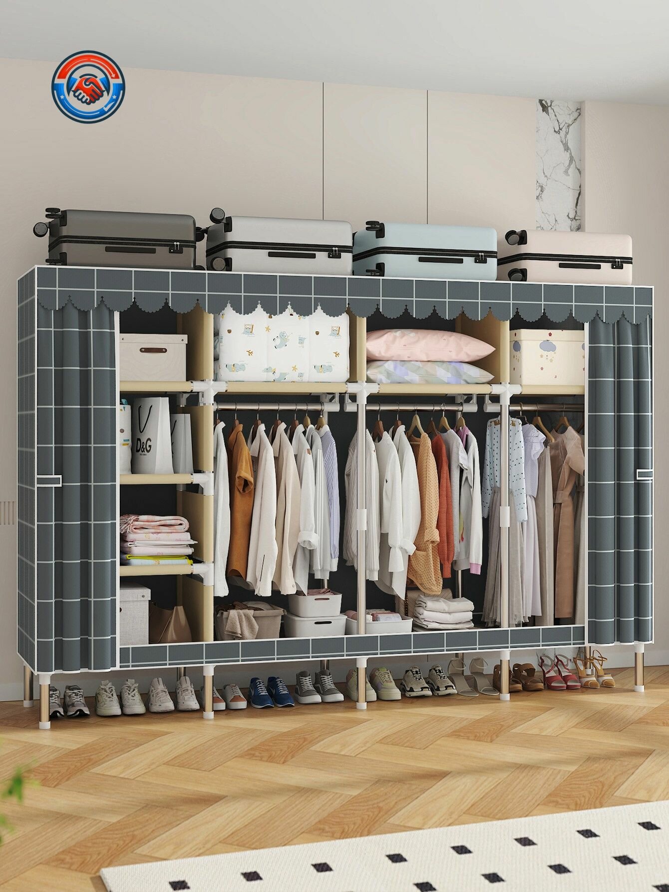 Тканевый шкаф-гардероб с молнией и металлическим каркасом, легкая сборная конструкция для дачи, ремонта и временного жилья, вместительное полотняное хранение одежды и постельного белья