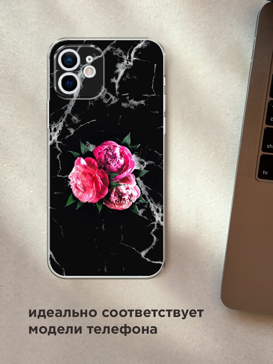 Чехол на Apple iPhone 12 mini / Айфон 12 Мини с принтом "Букет на черном мраморе" — фото 1