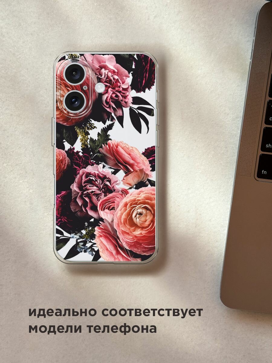 Чехол на Apple iPhone 16 / Айфон 16 с принтом "Бордовые винтажные цветы", прозрачный — фото 1