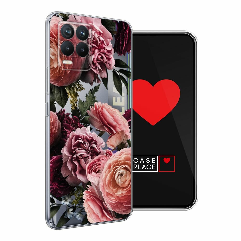 Чехол на Realme 8/8 Pro / Реалми 8/8 Про с принтом "Бордовые винтажные цветы", прозрачный — фото 1