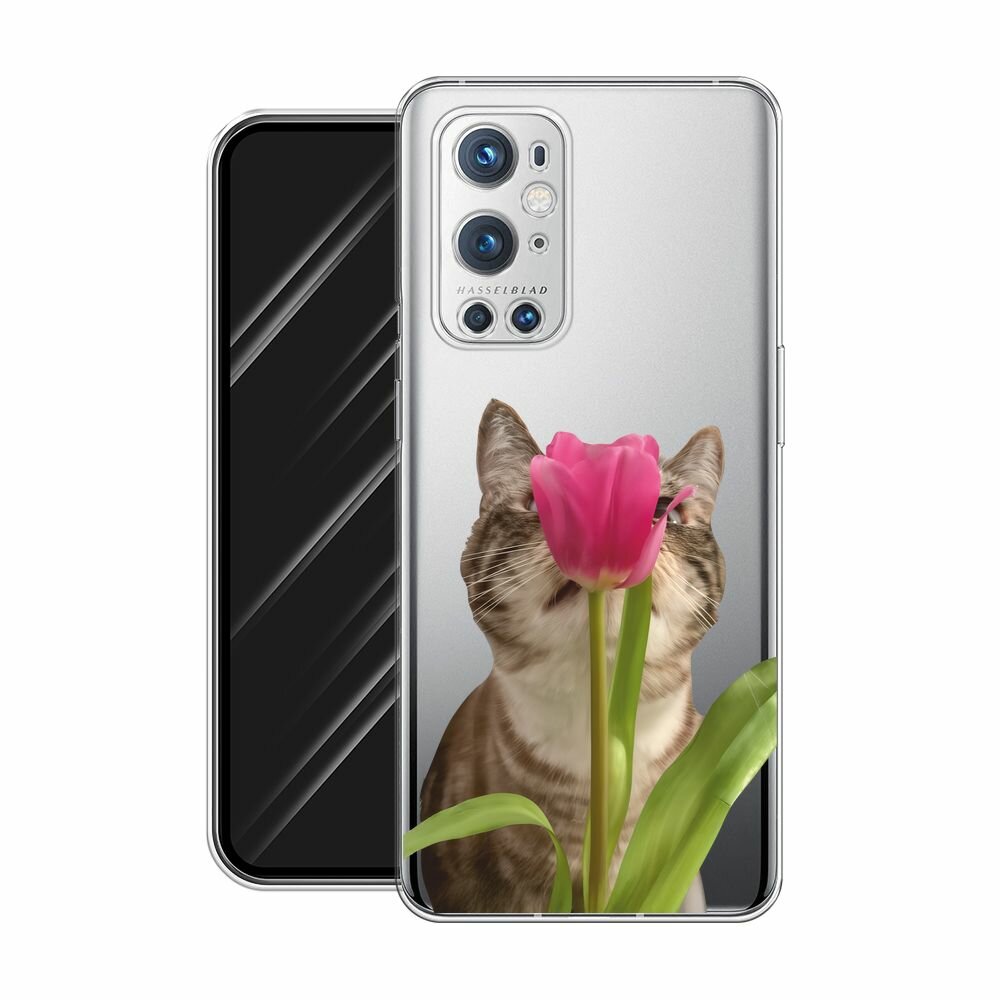 Чехол на OnePlus 9 Pro / ВанПлас 9 Про с принтом "Кот с тюльпаном - 8 марта", прозрачный — фото 1