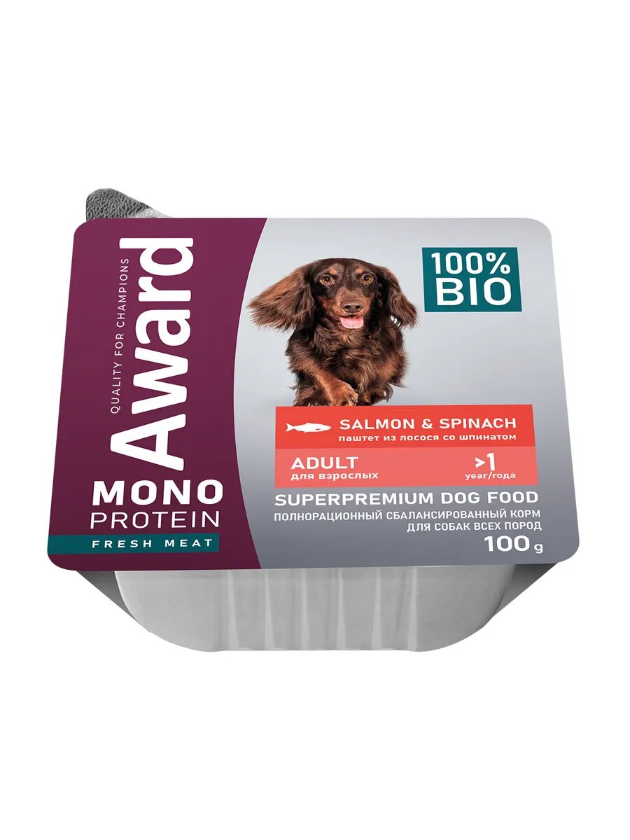 Влажный корм Monoprotein для взрослых собак паштет из лосося со шпинатом 100г*14 шт