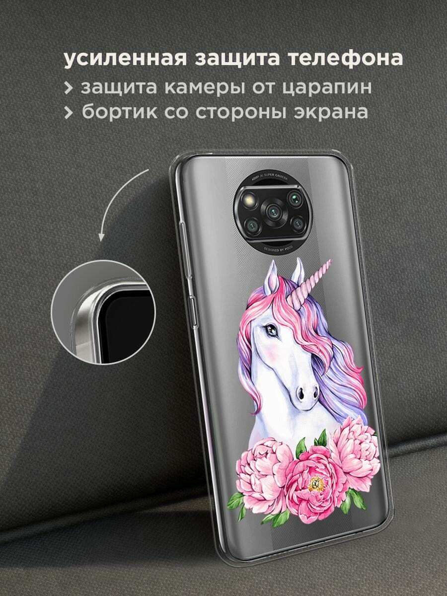 Чехол на Xiaomi Poco X3/X3 Pro / Поко X3/X3 Pro с принтом "Единорог с пионами", прозрачный — фото 1