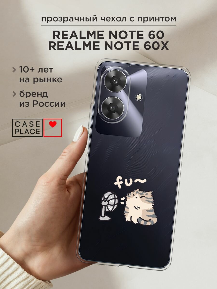 Чехол на Realme Note 60/60X / Реалми Нот 60/60X с принтом "Котик с вентилятором", прозрачный