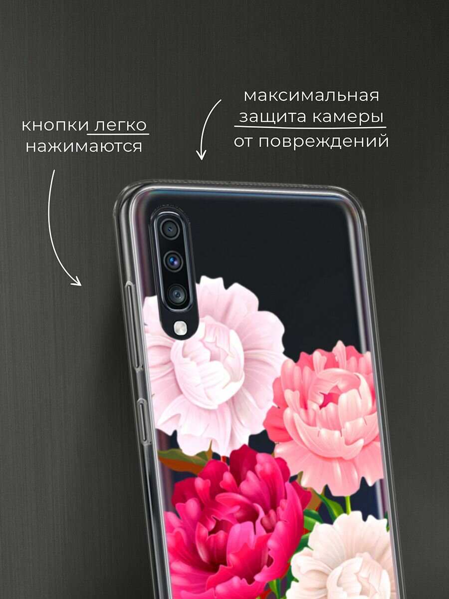 Чехол на Samsung Galaxy A70 / Самсунг Галакси А70 с принтом "Большие пионы", прозрачный — фото 1