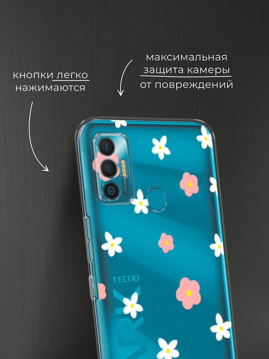 Чехол на Tecno Spark 7 / Техно Спарк 7 с принтом "Розовые и белые цветы", прозрачный — фото 1