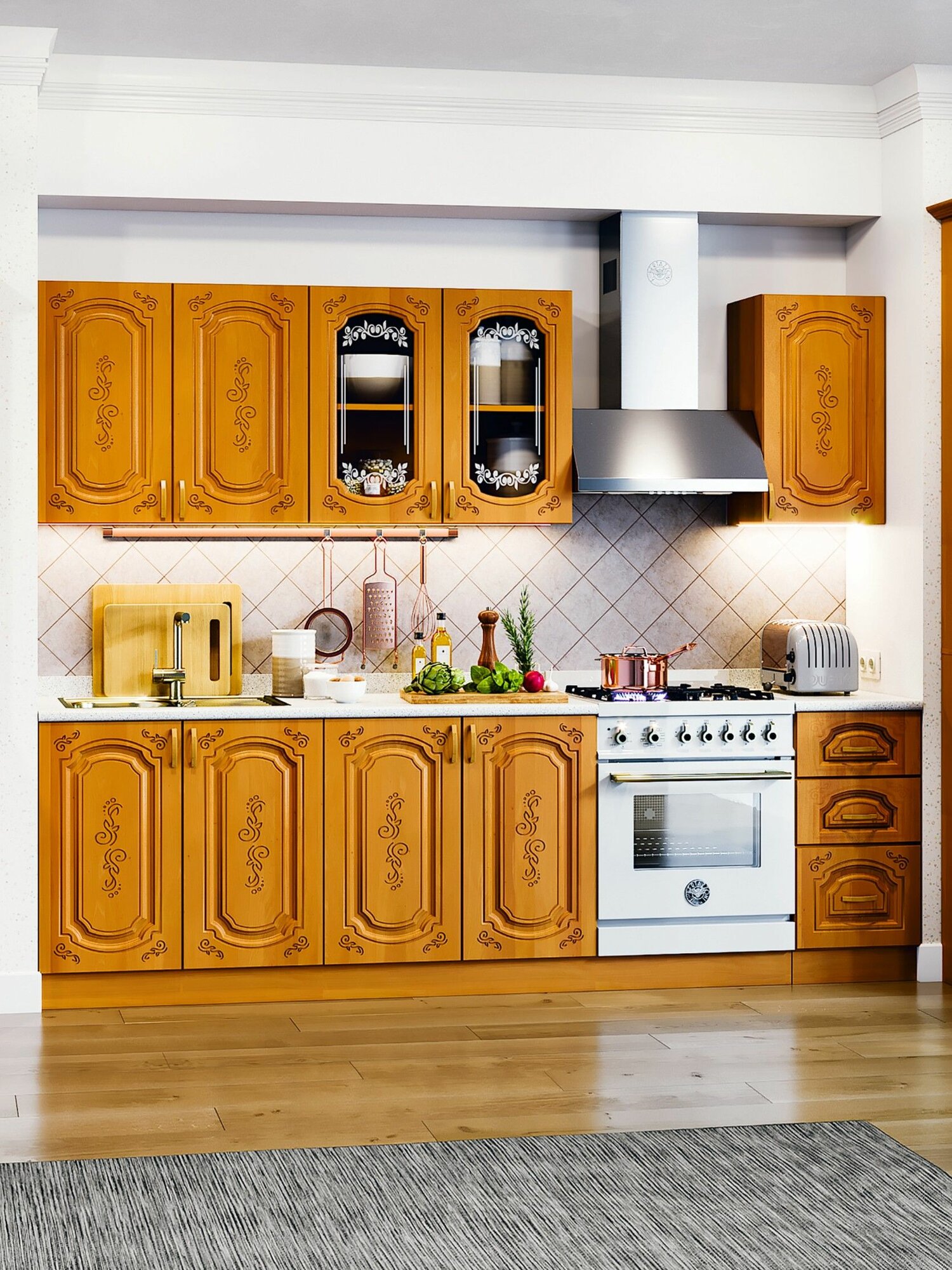 Кухонный гарнитур Лиза 2м ольха матовая/белый со столешницей миф