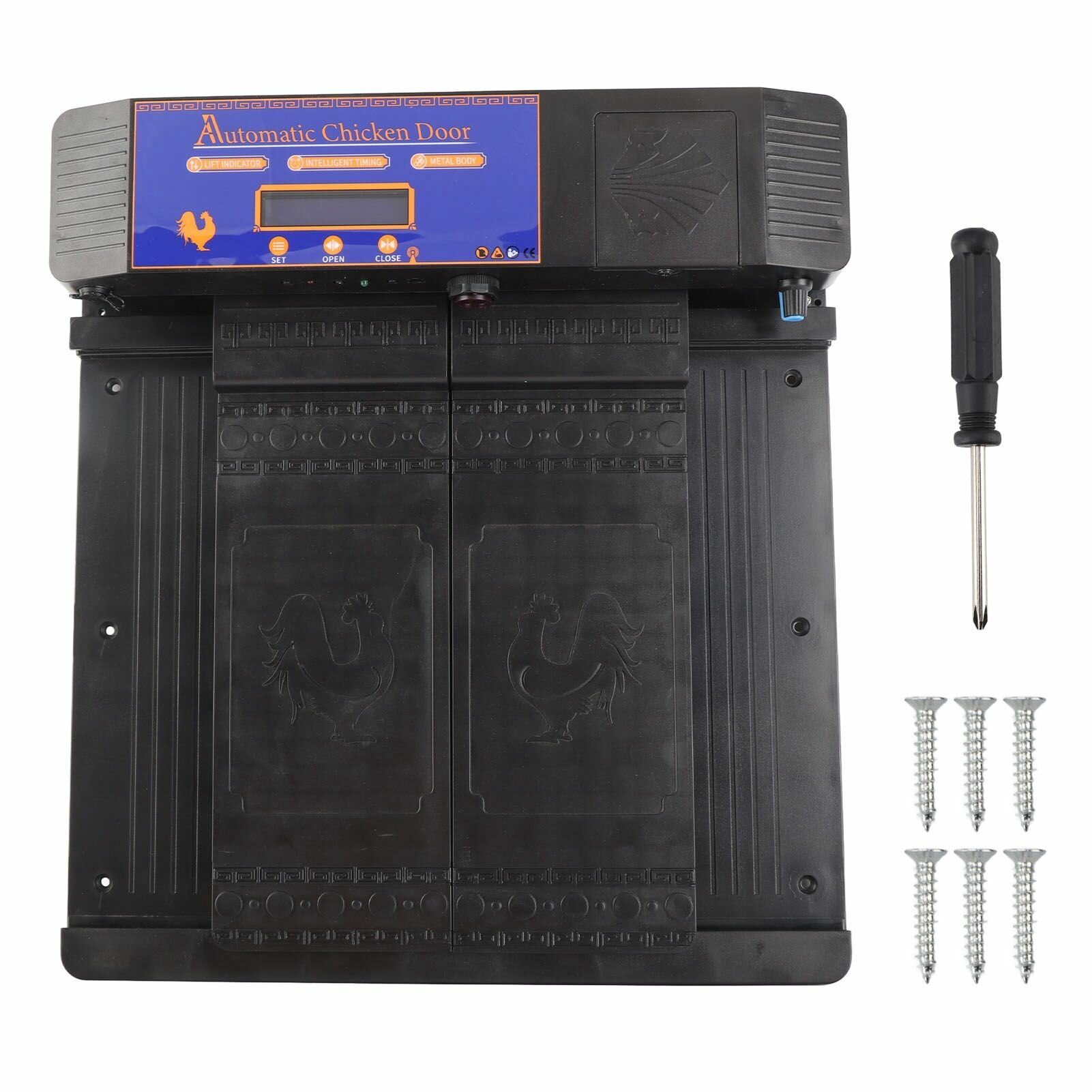Дверь птичника с двумя дверьми с автоматикой, инфракрасным антизажимом и предупреждением о разряде батареи для кур, уток, гусей, черного цвета