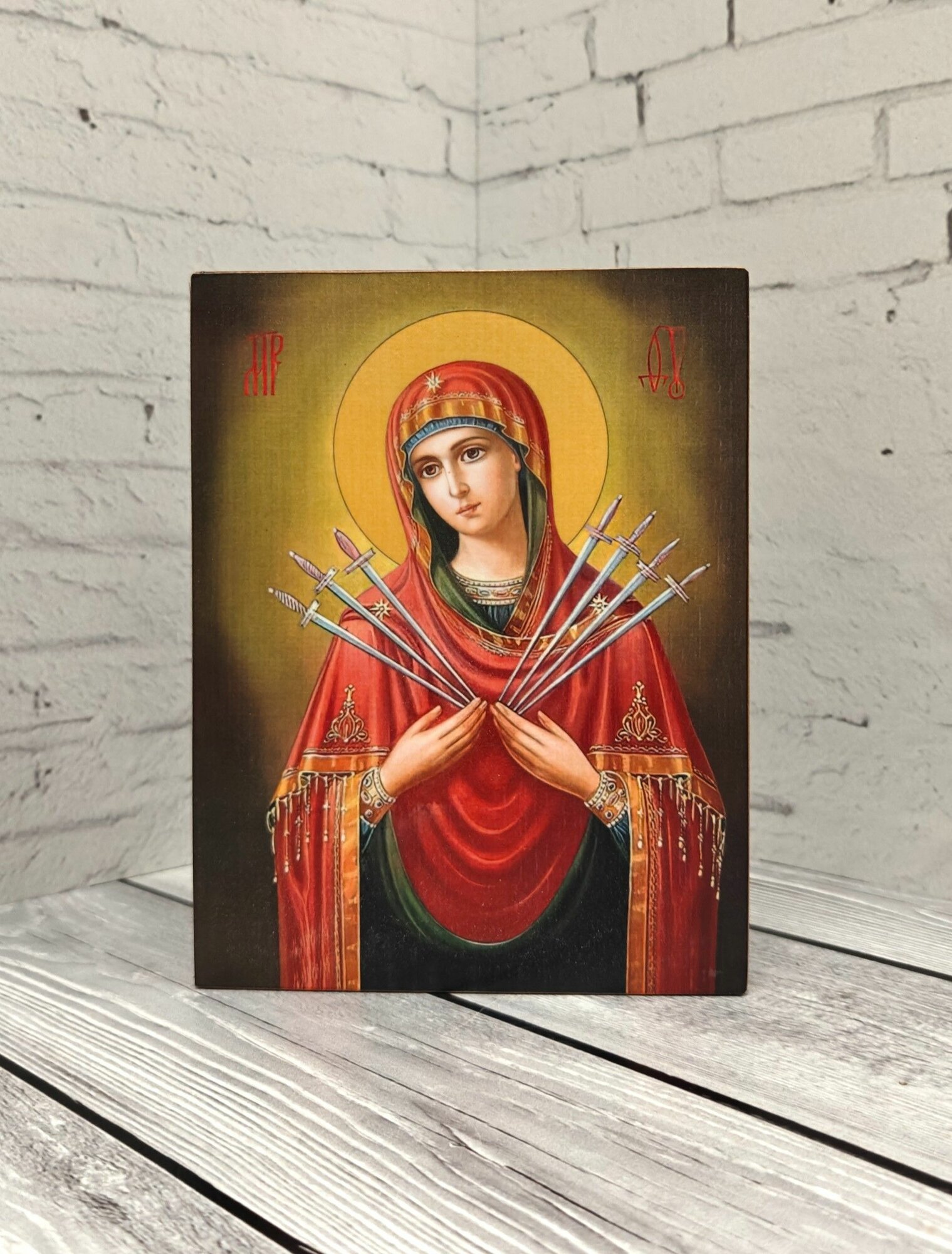 Икона Божия Матерь, Семистрельная, под старину, 15х19см