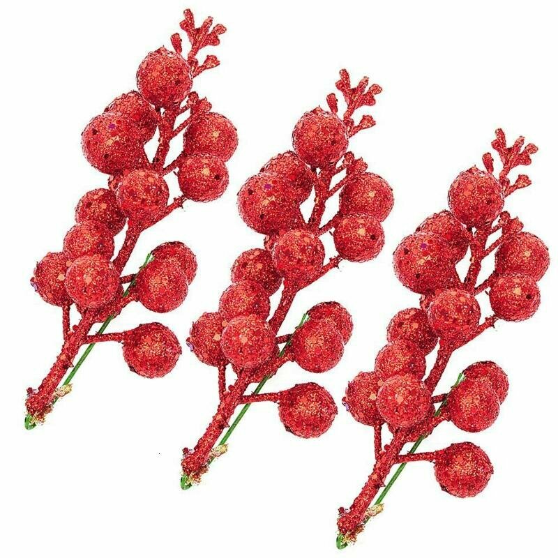 Рождественские украшения для дерева с золотыми блестящими имитациями веток и ягод, красный