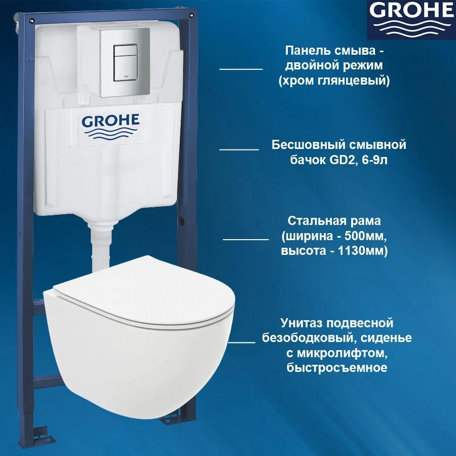 Комплект инсталляции GROHE Rapid SL для подвесного унитаза с панелью смыва, глянцевый хром 38772001 / Унитаз безободковый подвесной, форма овал, сиденье Soft-Close, белый глянец