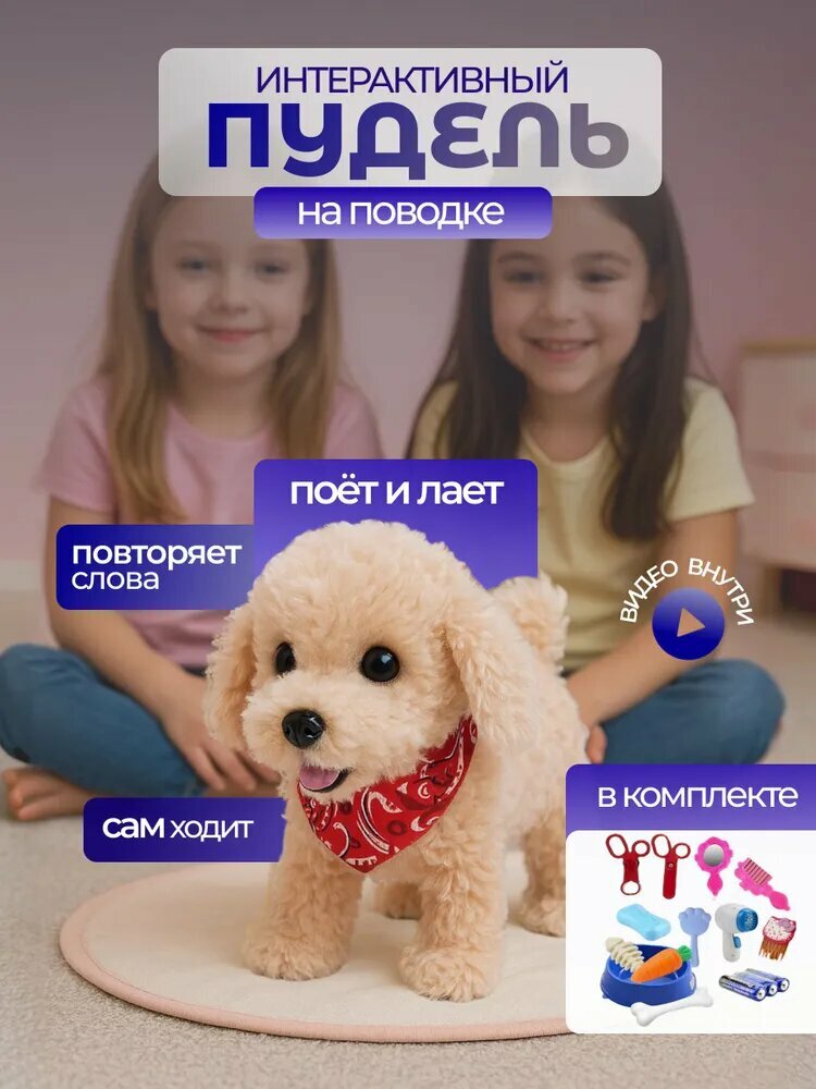 Интерактивная собачка DAZLE на поводке говорящая с пультом музыкальный пудель для девочки