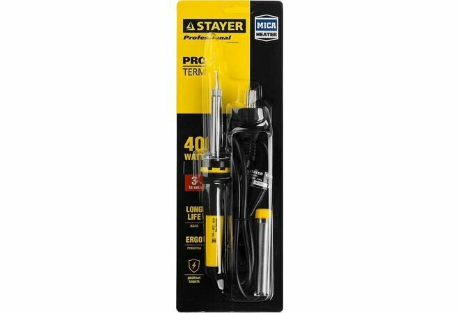 Паяльник PROTerm с двухкомпонентной рукояткой, в комплекте с припоем и подставкой, жало - конус, STAYER Professional 55300-40, 40 Вт