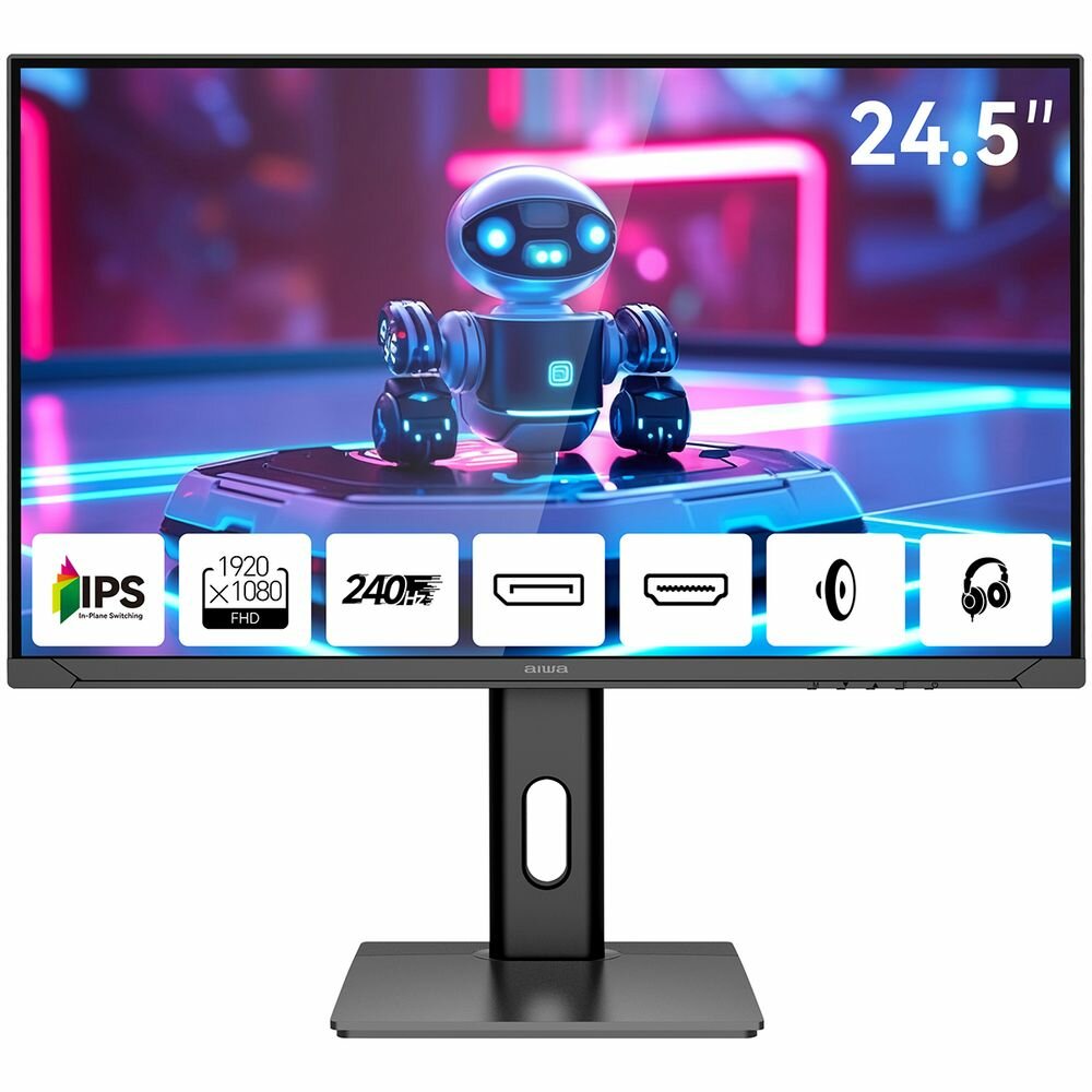 Монитор 24.5" AIWA MD2510 Black (IPS, 1920x1080, HDMI+HDMI+DP+DP, 1 ms, 178°/178°, 350 cd/m, 1000:1, 240Hz, Spk, Pivot)