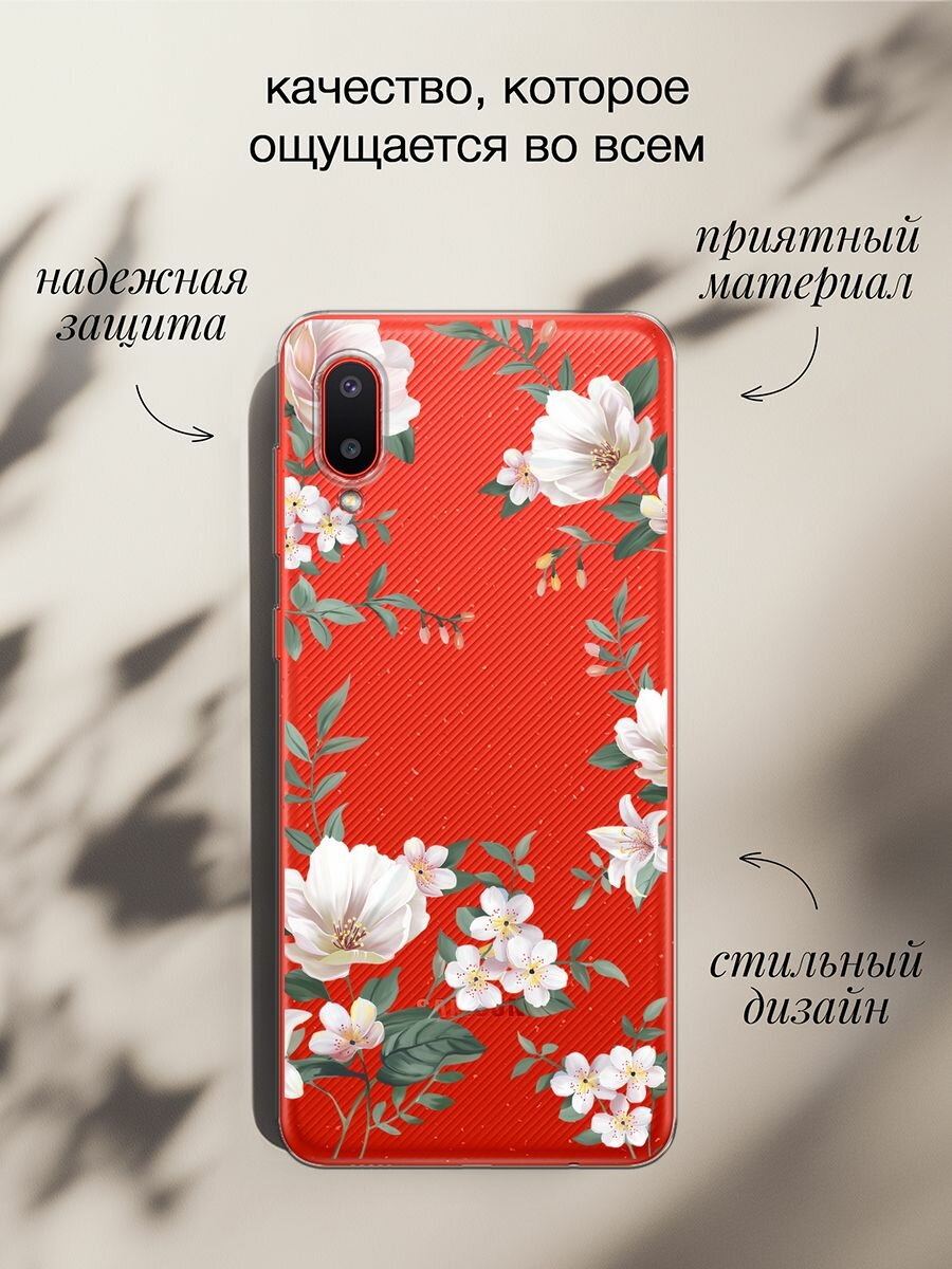 Чехол на Samsung Galaxy A02 / Самсунг Галакси А02 с принтом "Beautiful white flowers", прозрачный — фото 1