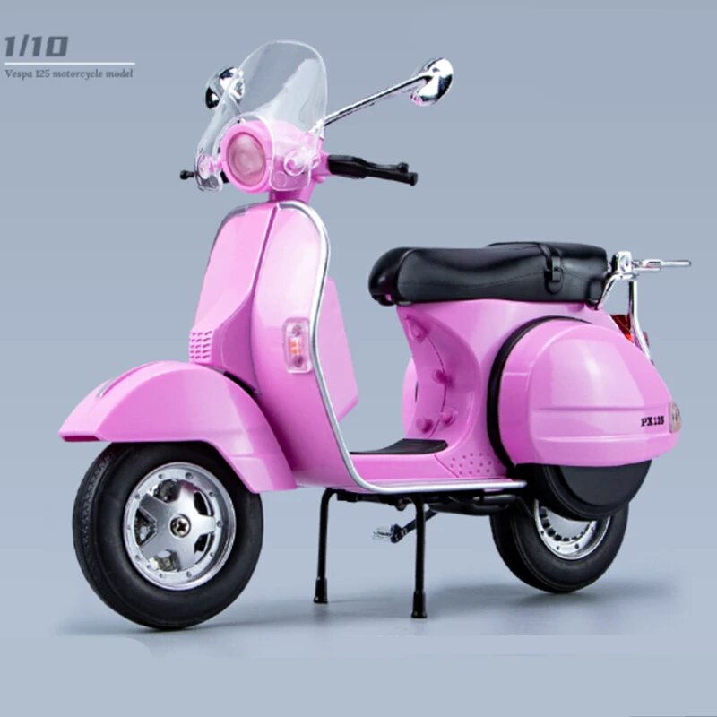 Детская игрушка: модель мотороллера Vespa 1:10 из металла, со светом, звуком, амортизацией и рулевым управлением