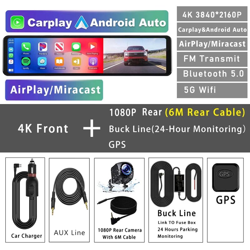 11.26" 4K Автомобильный видеорегистратор Carplay Android Auto GPS WIFI