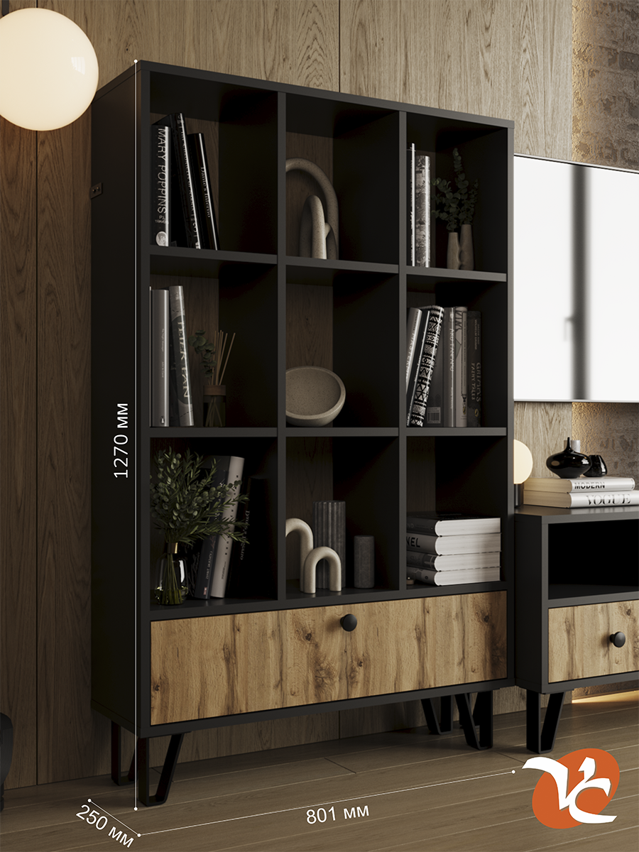 Стеллаж Volodin&Co, ЛДСП, для книг и игрушек, откидная секция, дуб вотан/черный