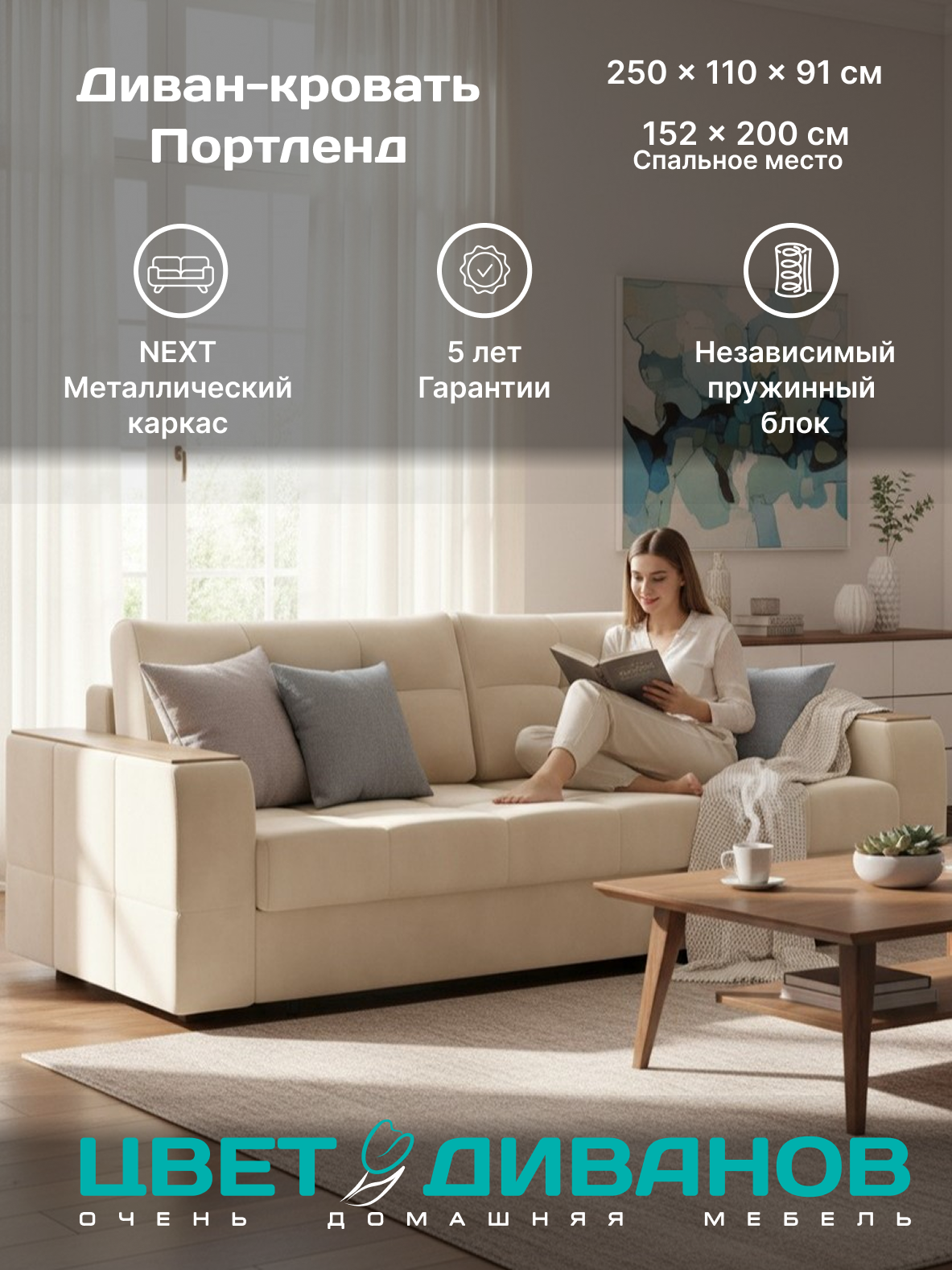 Прямой диван кровать Цвет Диванов Портленд NEXT 22 250 раскладной, с ящиком для белья, ортопедический матрас