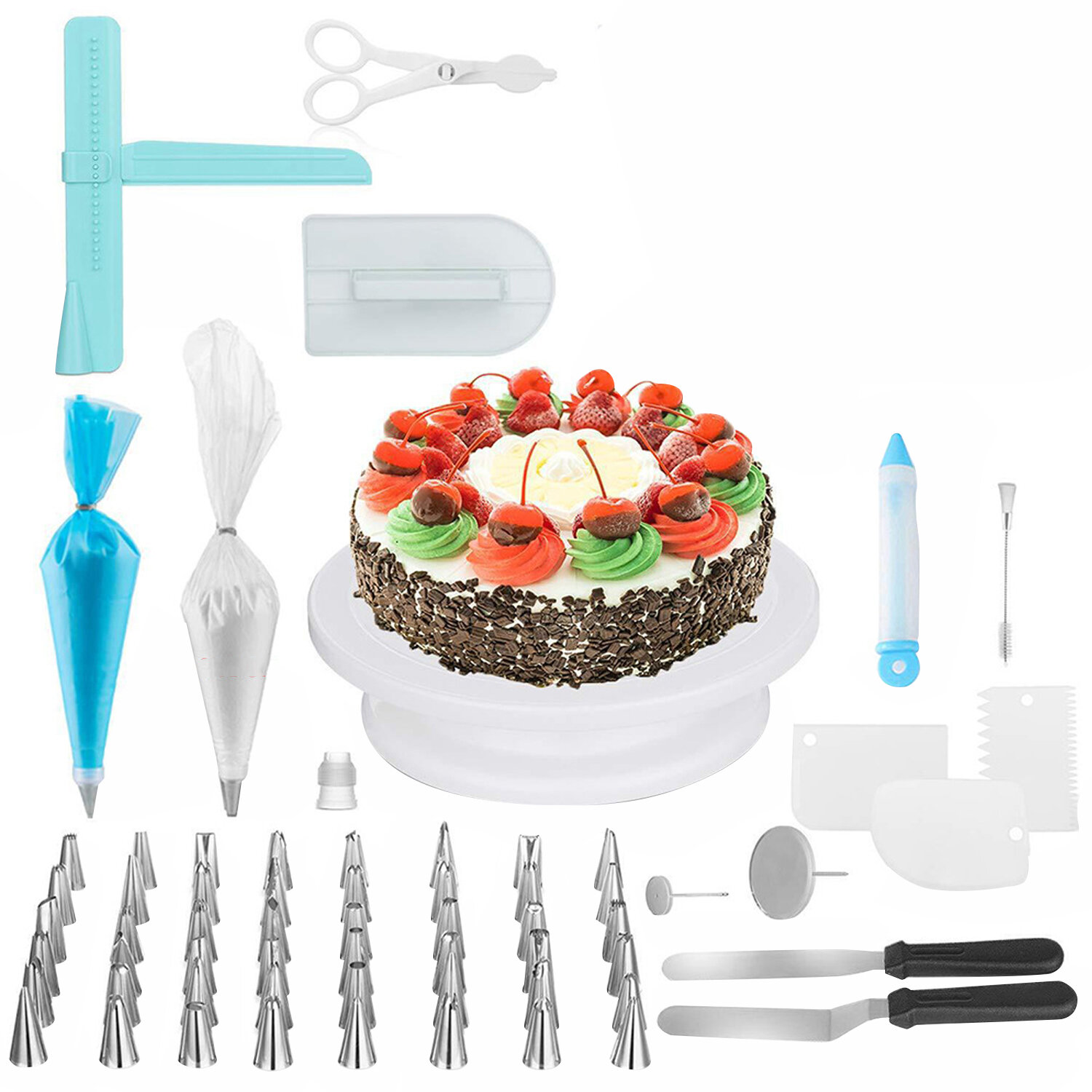 Набор для декорирования тортов Cake Turntable Set, 164 штуки, инструменты для фонуана, кондитерские насадки, пластик, нержавеющая сталь, поворотный столик для торта, 48 насадок для цветов, 3 скребка для крема, силиконовая ручка для формирования цветов,
