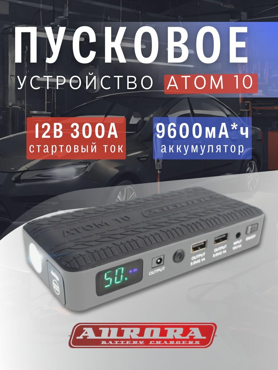 ATOM 10 пусковое устройство нового поколения 12В, 9600мАч, 35.5Вт*ч, 300/600А