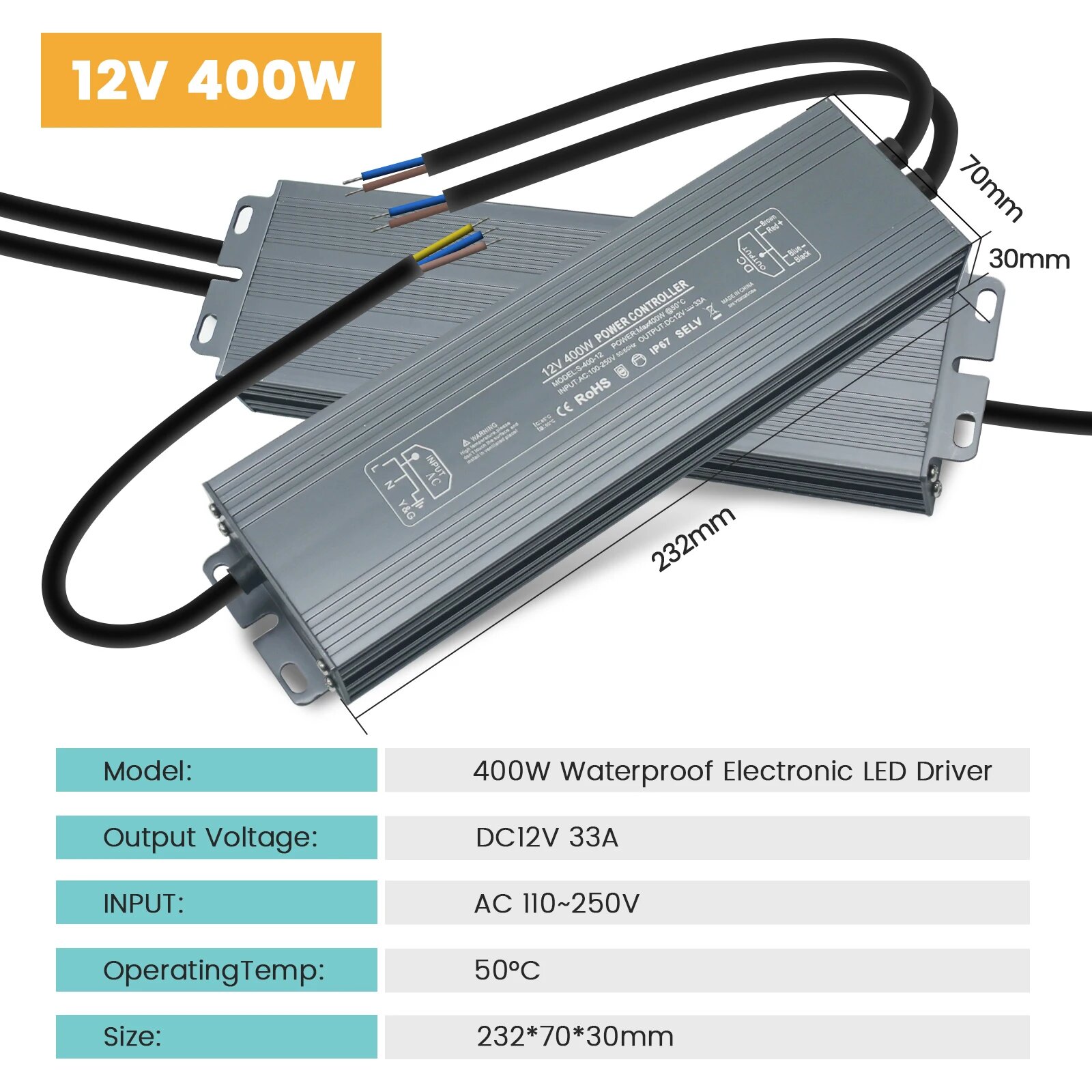 Трансформатор XUNATA для светодиодных лент 60-600Вт 12V 400W