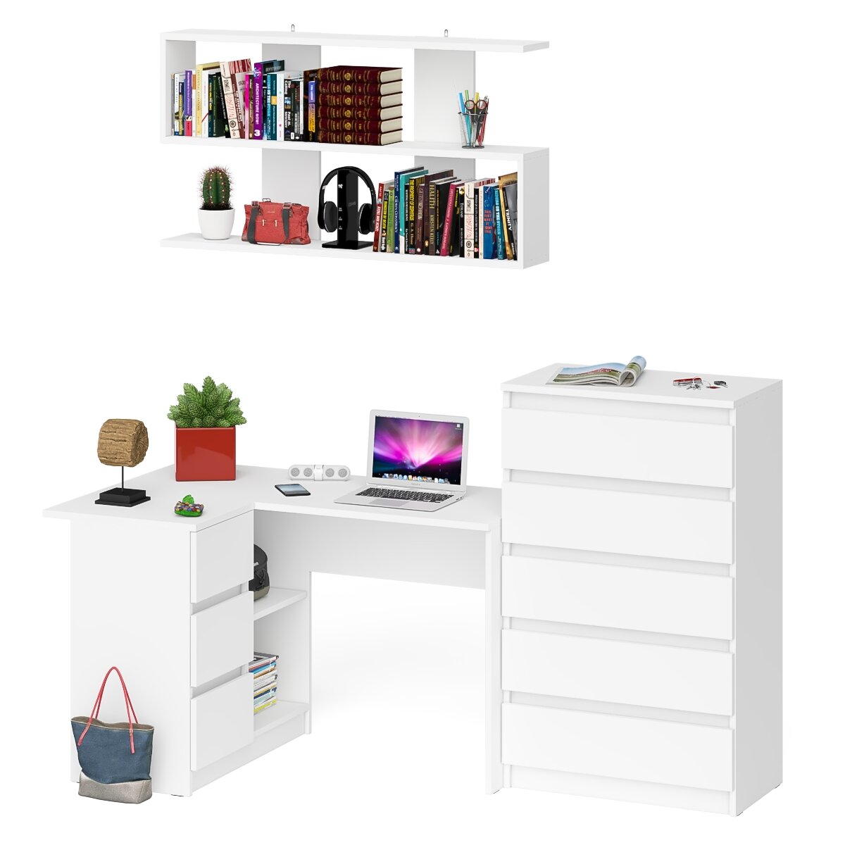Угловой компьютерный стол Мори МС-16 левый с навесной полкой и комодом, белый, 194,8х84,9х209,6 см.