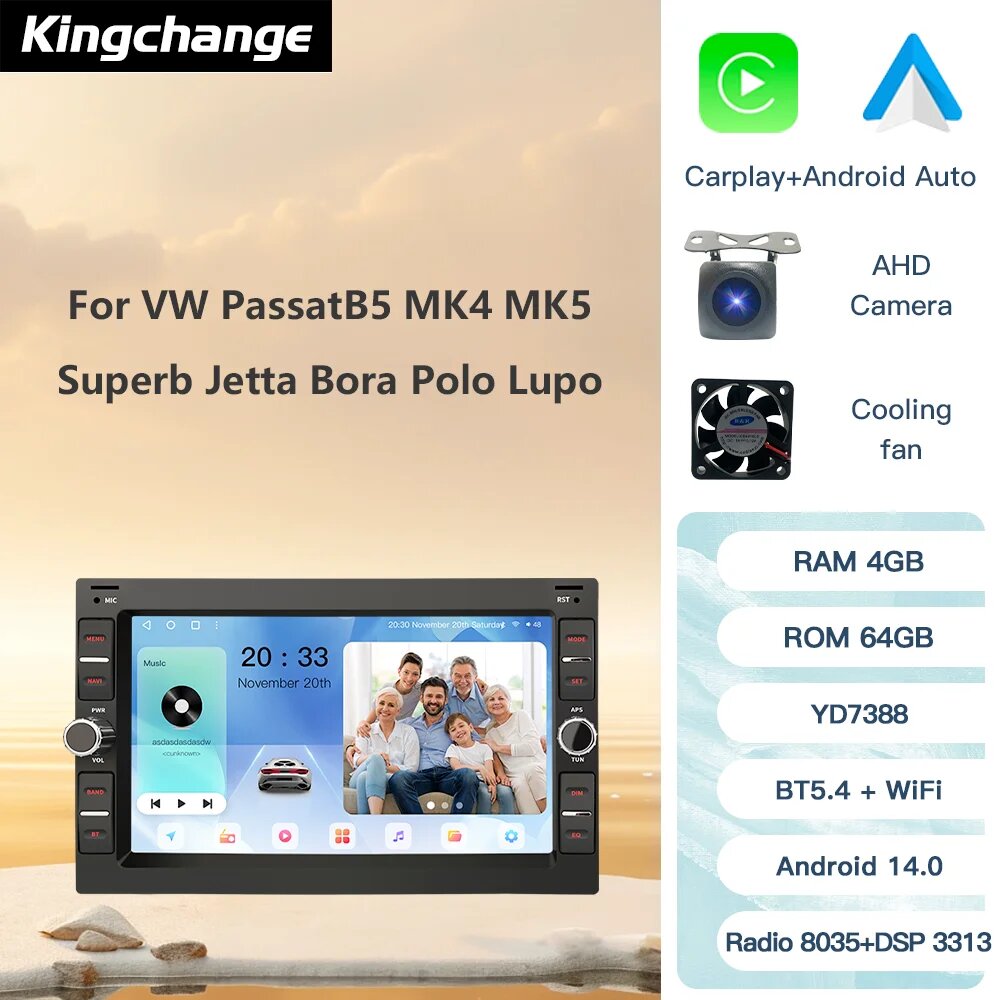 Автомагнитола Kingchange Android 14 для VW Volkswagen PASSAT B5 MK4 MK5 SHARAN Jetta K3 4 64 AHD