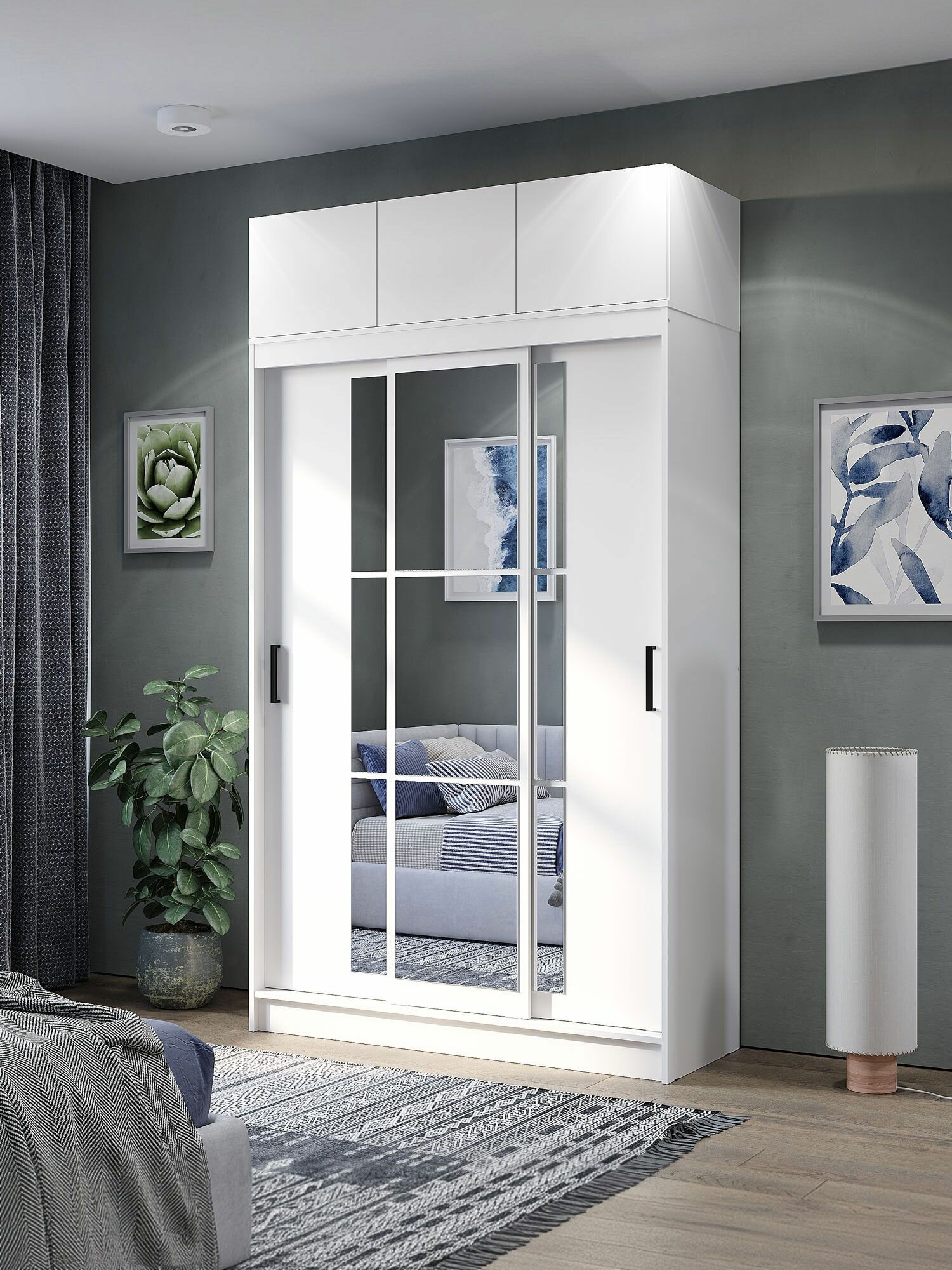 Шкаф-купе для одежды и хранения вещей Браво, с зеркалом, с полками, со штангой, с антресолью, 131х50х235 см Белый