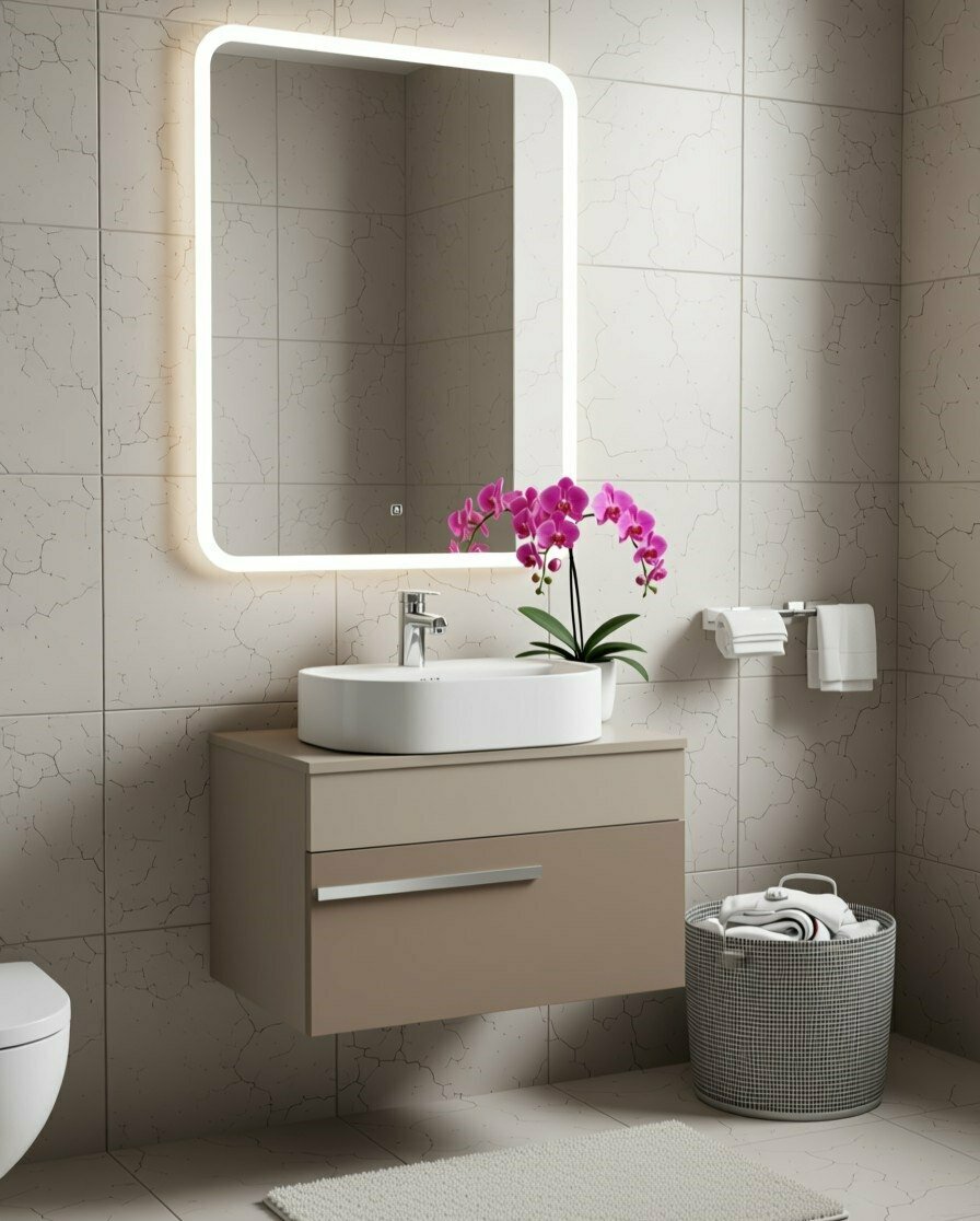 Мебель для ванной Вудлайн 65, розовый-бежевый, раковина Нова, зеркало Руан 60х80