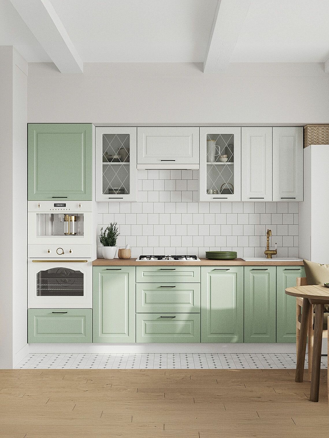 Кухонный гарнитур Шервуд 2.6 м, мебель для дома и кухни, Белый / Арктик со стеклом / Шато мята