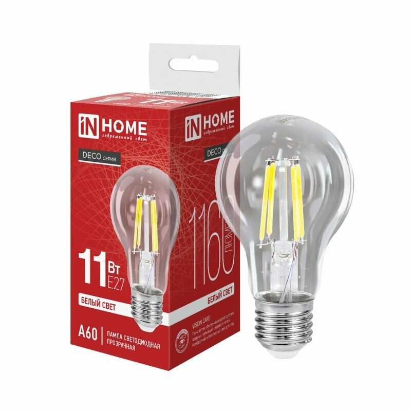 Лампа светодиодная LED-A60-deco 11Вт 230В Е27 4000К 1160Лм прозрачная IN HOME