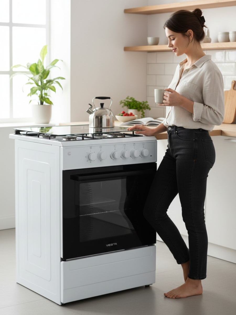 Комбинированная плита VESTA Valencia VGE 50 10-E белый, газовая конфорки, электрическая духовка