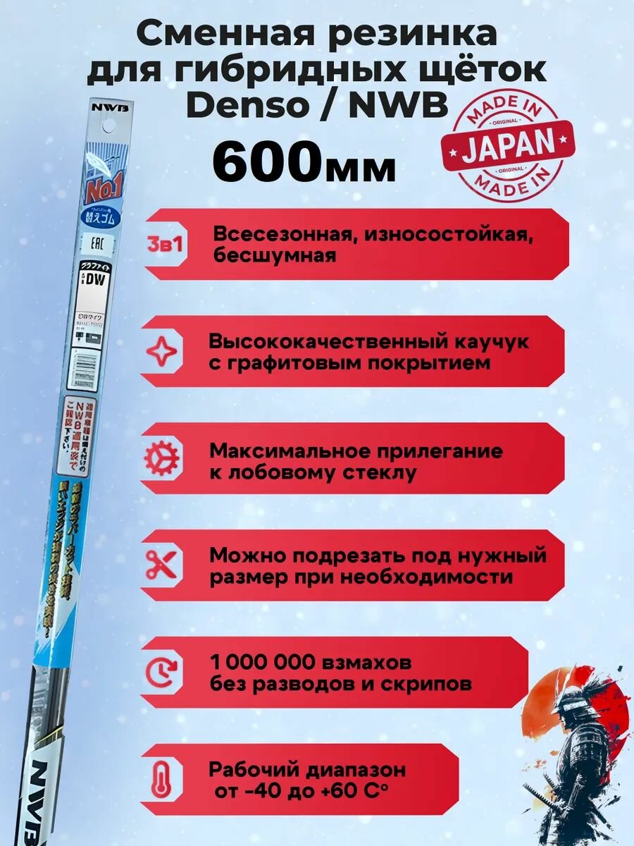 Сменная резинка 600 мм для гибридных стеклоочистителей NWB