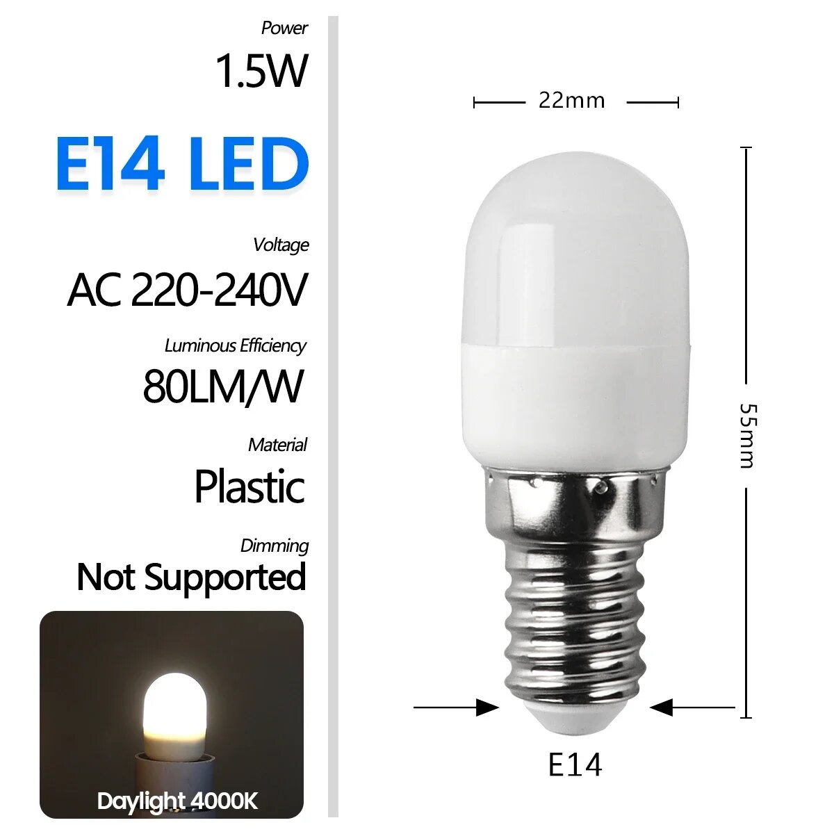 Светодиодные лампы Gatetop E14 220В для холодильника 4000K, 2PCS
