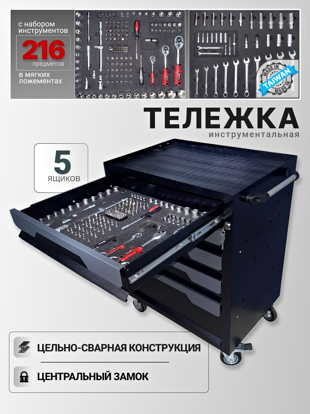 Тележка инструментальная с замком и набором инструментов FORCE KRAFT 216 предметов в Мягких ложементах