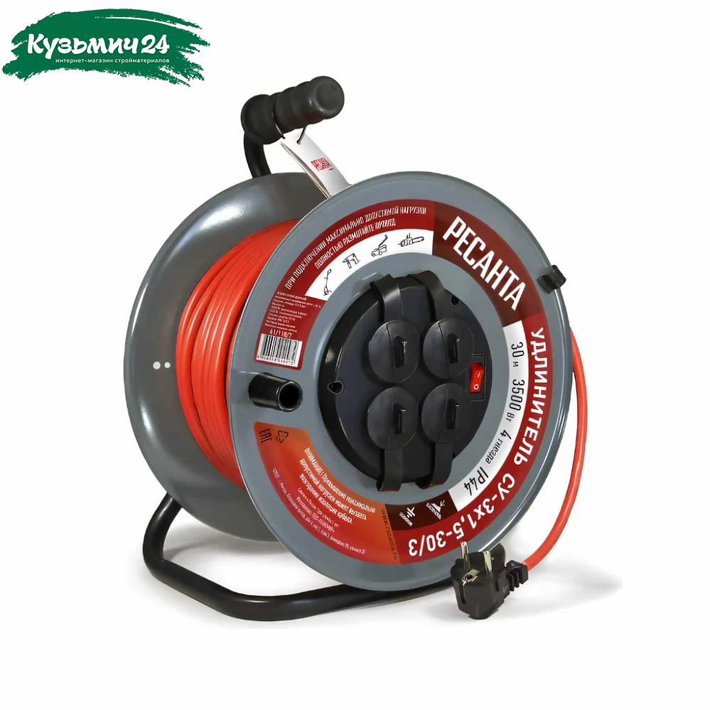 Удлинитель Ресанта СУ-3х1,5-30/3, 61/118/7, с заземлением, 4 розетки, 30 м, 3.5 кВт, на катушке, 1 шт.