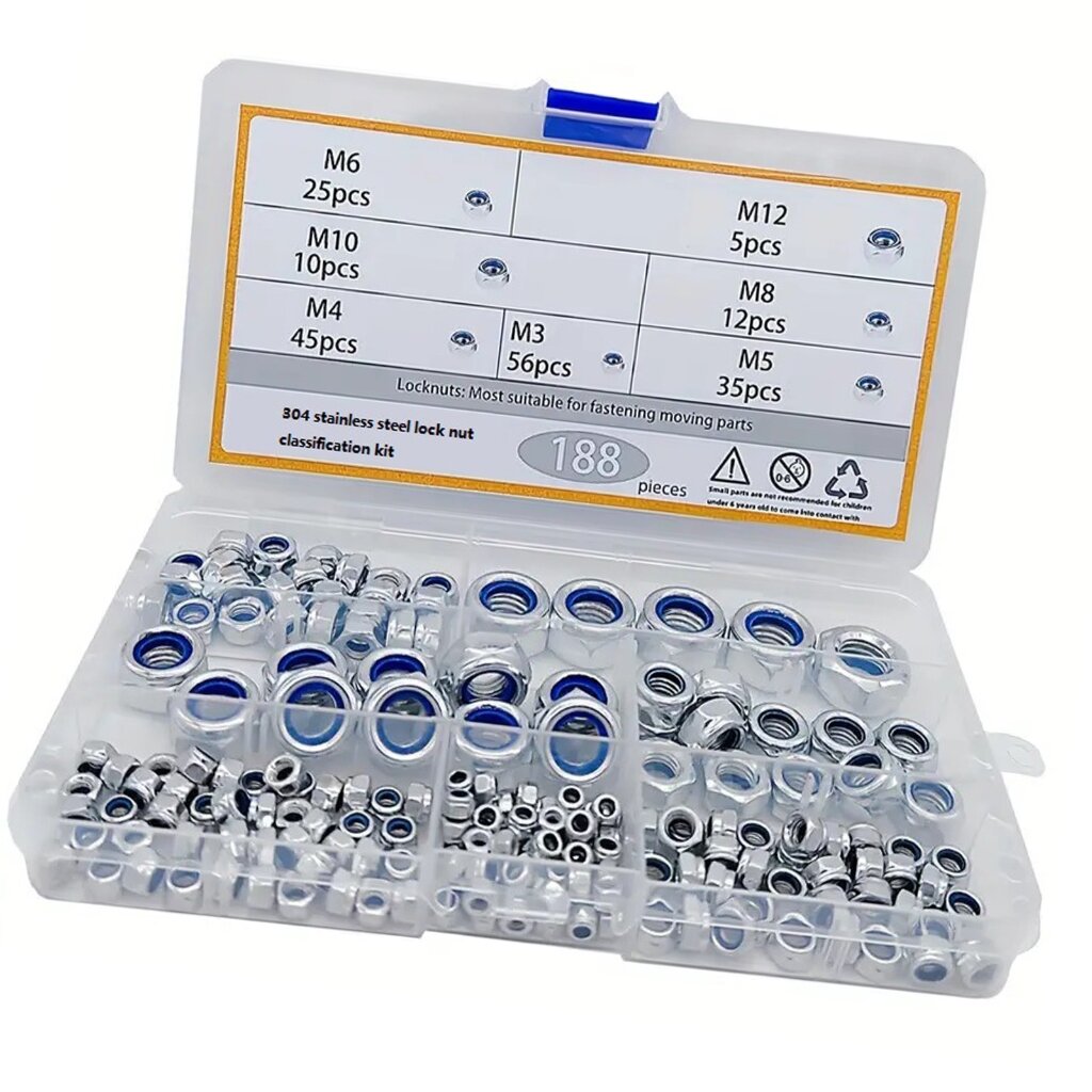188 штук стальных шестигранных гаек разного размера, устойчивых к коррозии от 3 мм до 12 мм