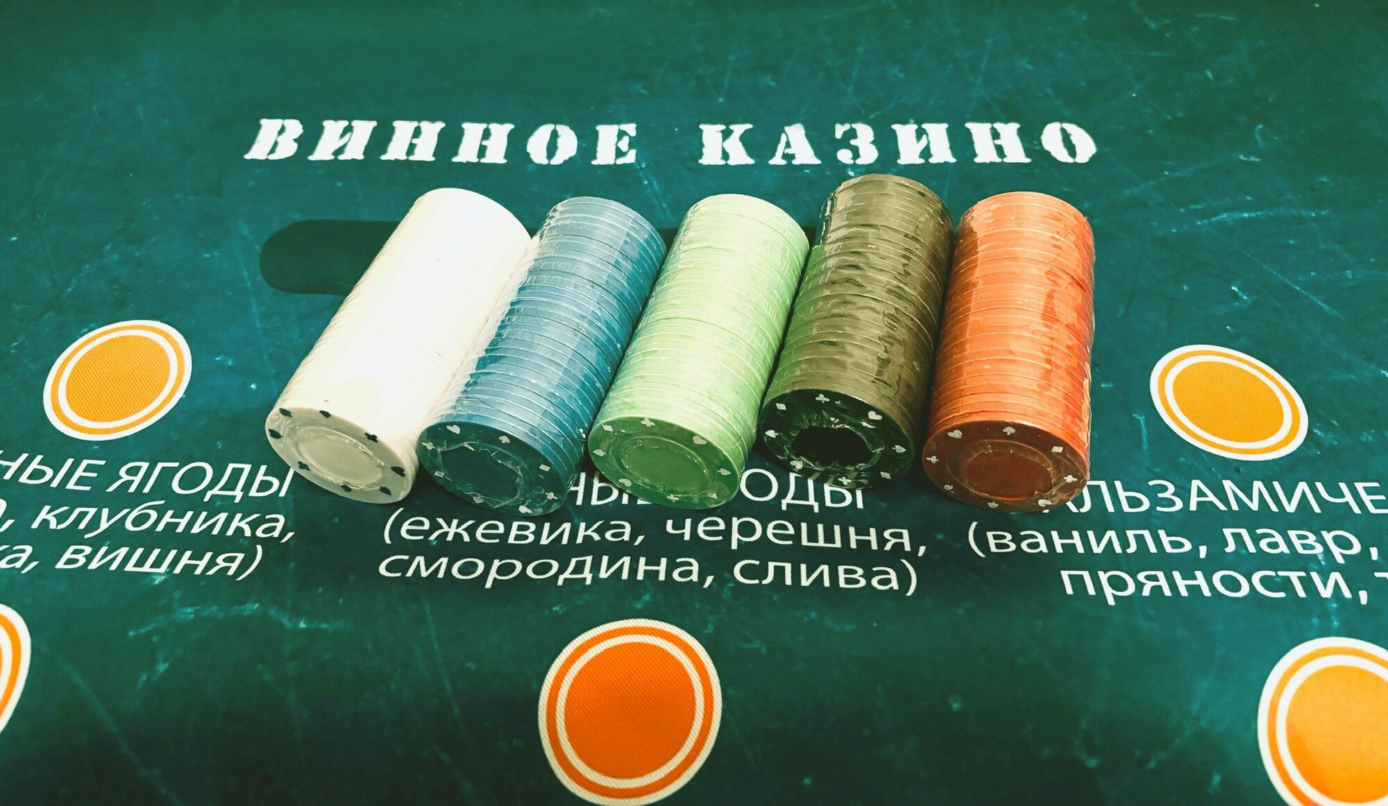 Винное казино - новая игра-дегустация со ставками для вашей вечеринки! Сукно премиум 150*75 см и набор фишек 50 штук.