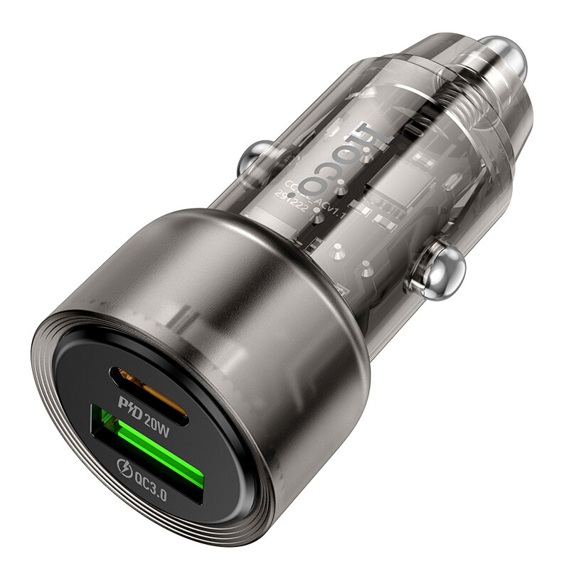 Зарядное в прикуриватель HOCO Z52, мощностью PD38W, с портами USB-C PD20W и USB-A QC3.0, прозрачный/черный
