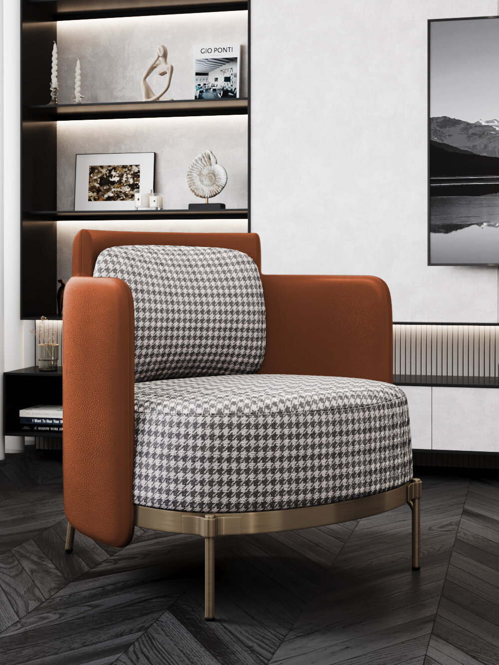 Кресло дизайнерское ROBUSTO GRANDE гусиная лапка и экокожа с подлокотниками. Размер 81х42х70х75