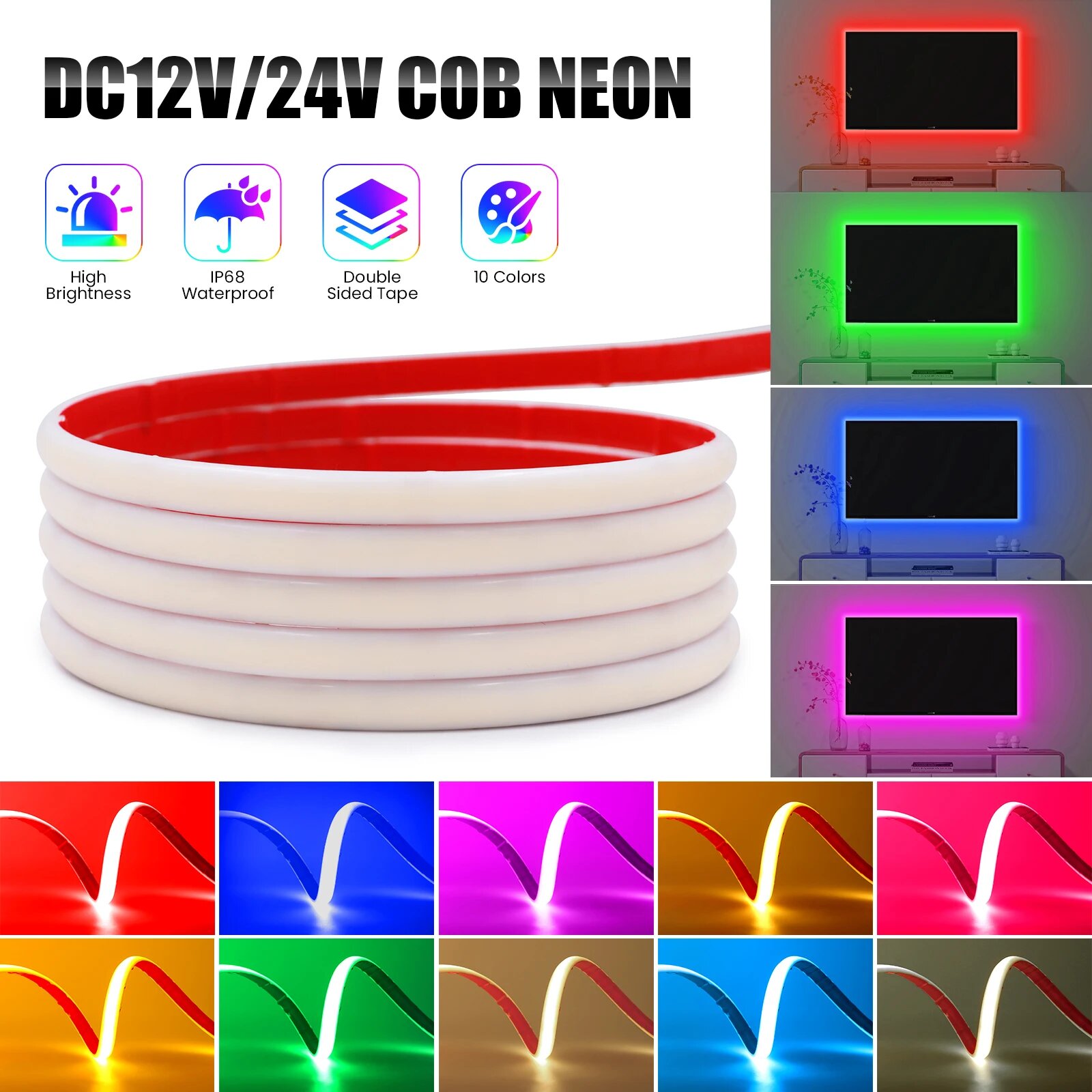 Светодиодная лента COB Белый 12V, 10м, 320LED/м