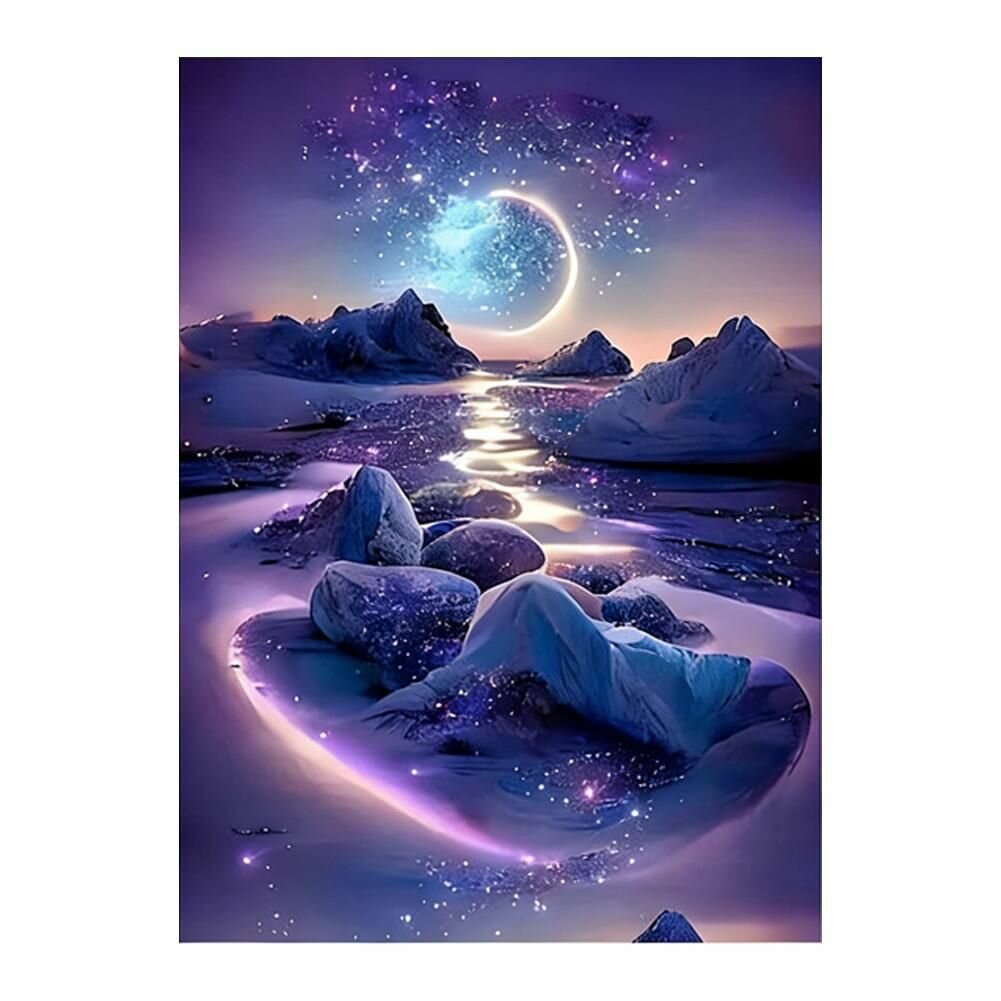 Алмазная мозаика большая картина "Пляжный лунный свет" 30х40 см со светящимся в темноте стразами и 5Д элементами