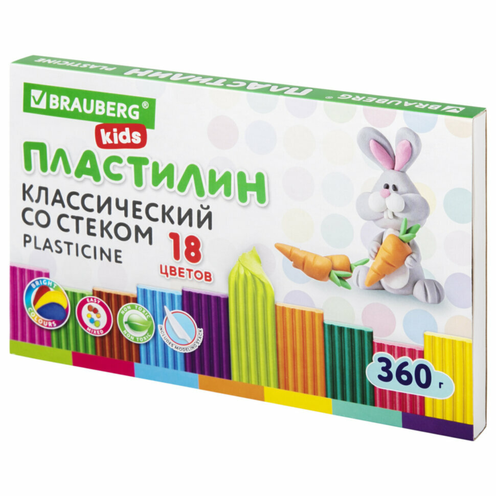Пластилин классический BRAUBERG KIDS, 18 цветов, 360 г, со стеком, 106510, 106510