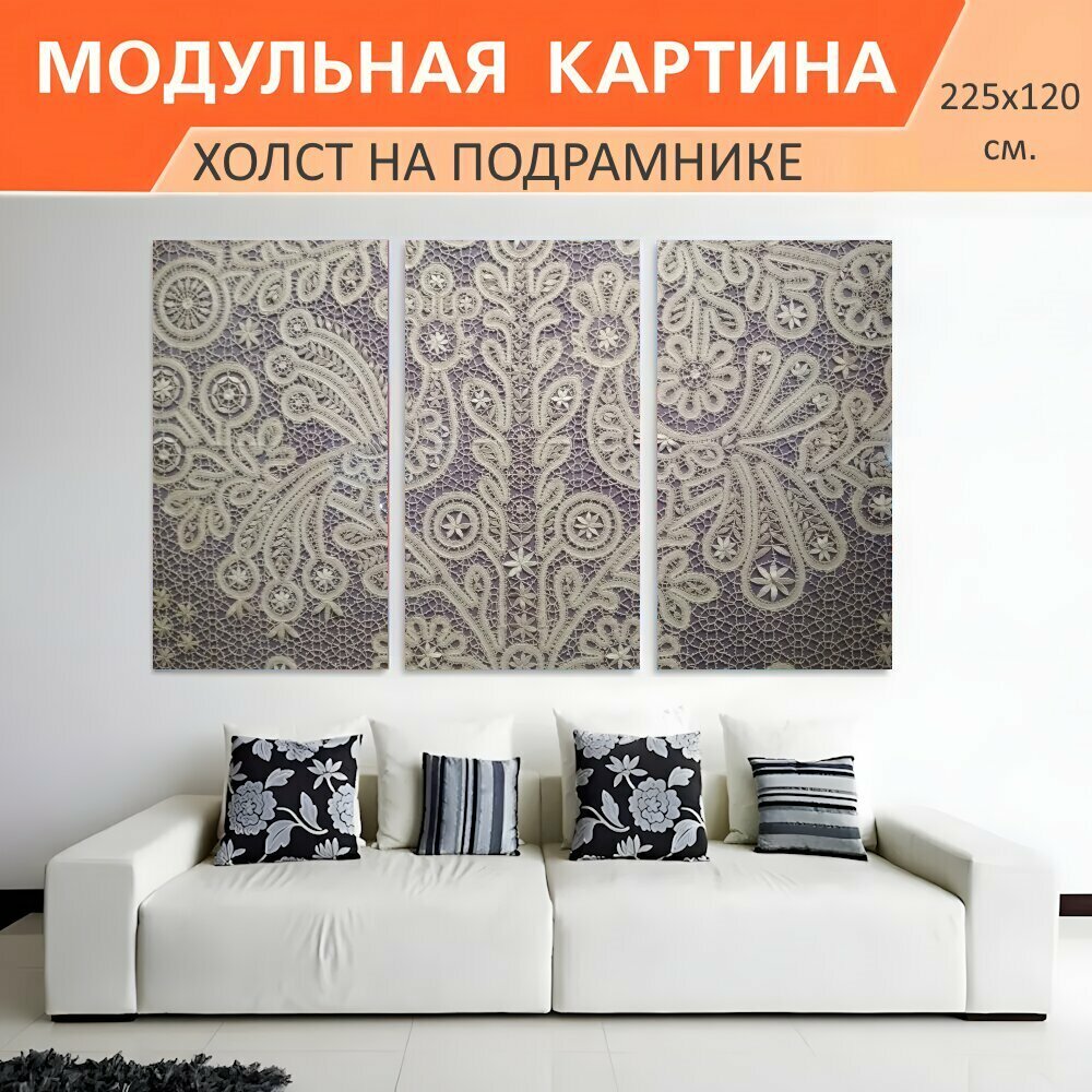 Модульная картина на холсте "Вологда кружевные райские птицы Фрагмент панно кружева шнурок Вологда рай для птиц" триптих на подрамнике 225х120 см. для интерьера