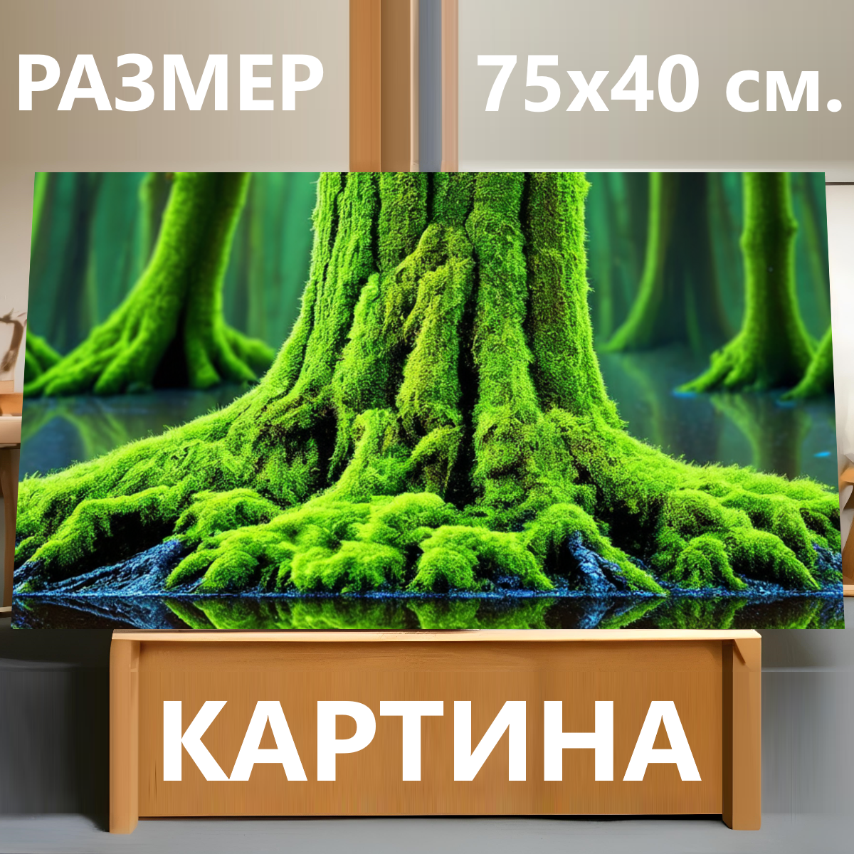 Картина на холсте "Мятный цвет, изображающие мятные стволы деревьев, покрытые мягким влажным мхом. техника рефлексивной живописи создает." на подрамнике 75х40 см. для интерьера